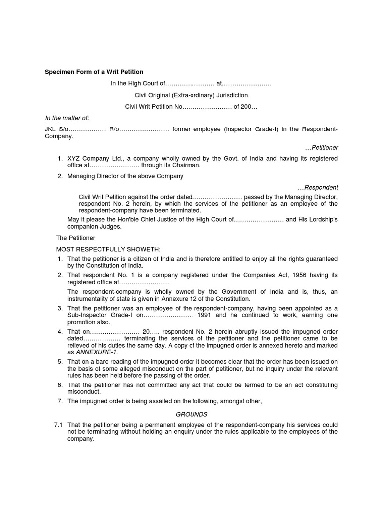 Specimen Form of a Writ Petition_2 | Writ | Petitioner