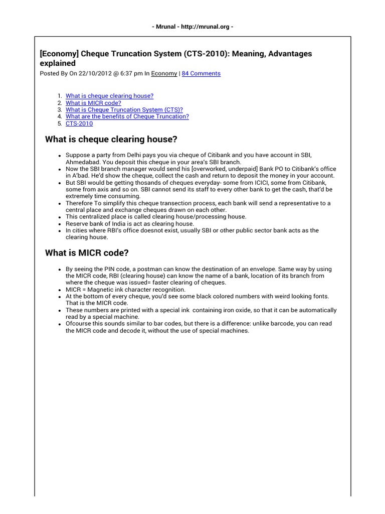 Mrunal Explained: Cheque Truncation System CTS-features, Benefits | PDF ...