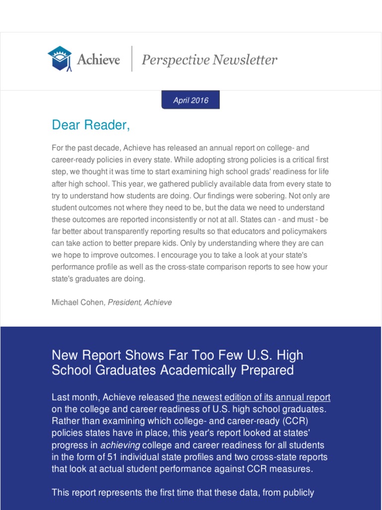 Dear Reader,: New Report Shows Far Too Few U.S. High School Graduates ...