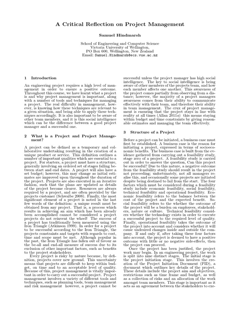 Critical Reflection Project Management PDF | PDF | Feasibility Study | Project Management