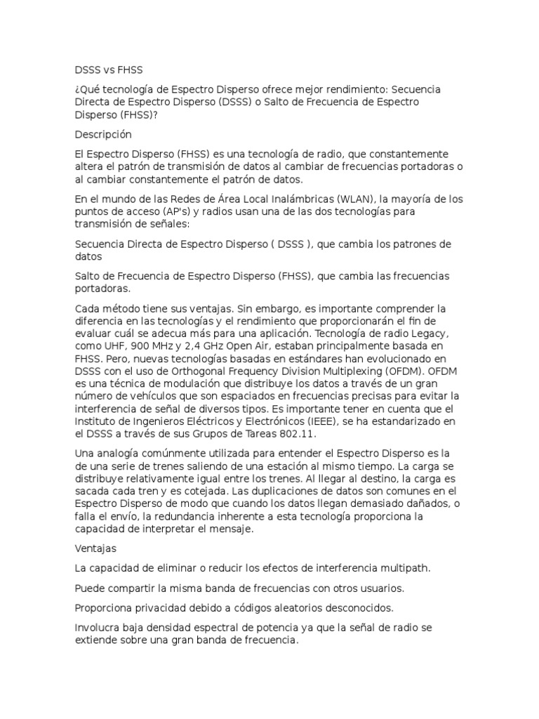 DSSS Vs FHSS | PDF | Ieee 802.11 | Electrónica