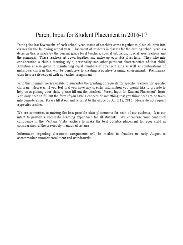 Spring Parent Input Letter | PDF | Special Education | Teachers