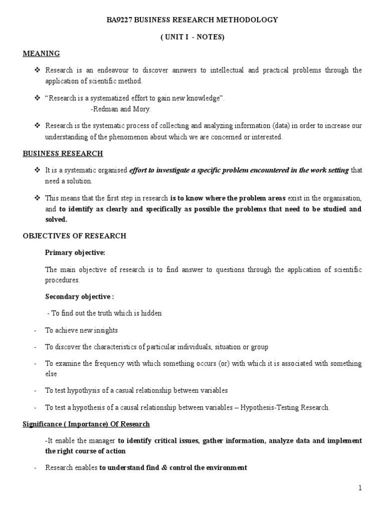 Research Methodology 1 Unit Notes | PDF | Hypothesis | Scientific Method