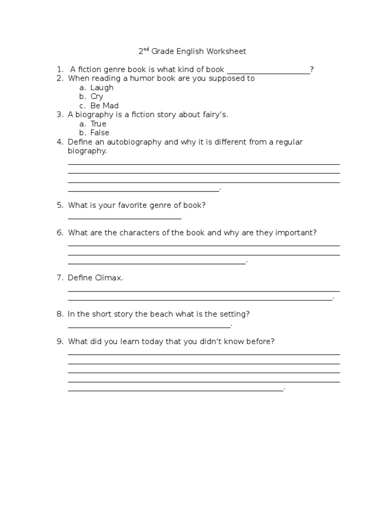 2nd Grade English Genre Worksheet | PDF | Books