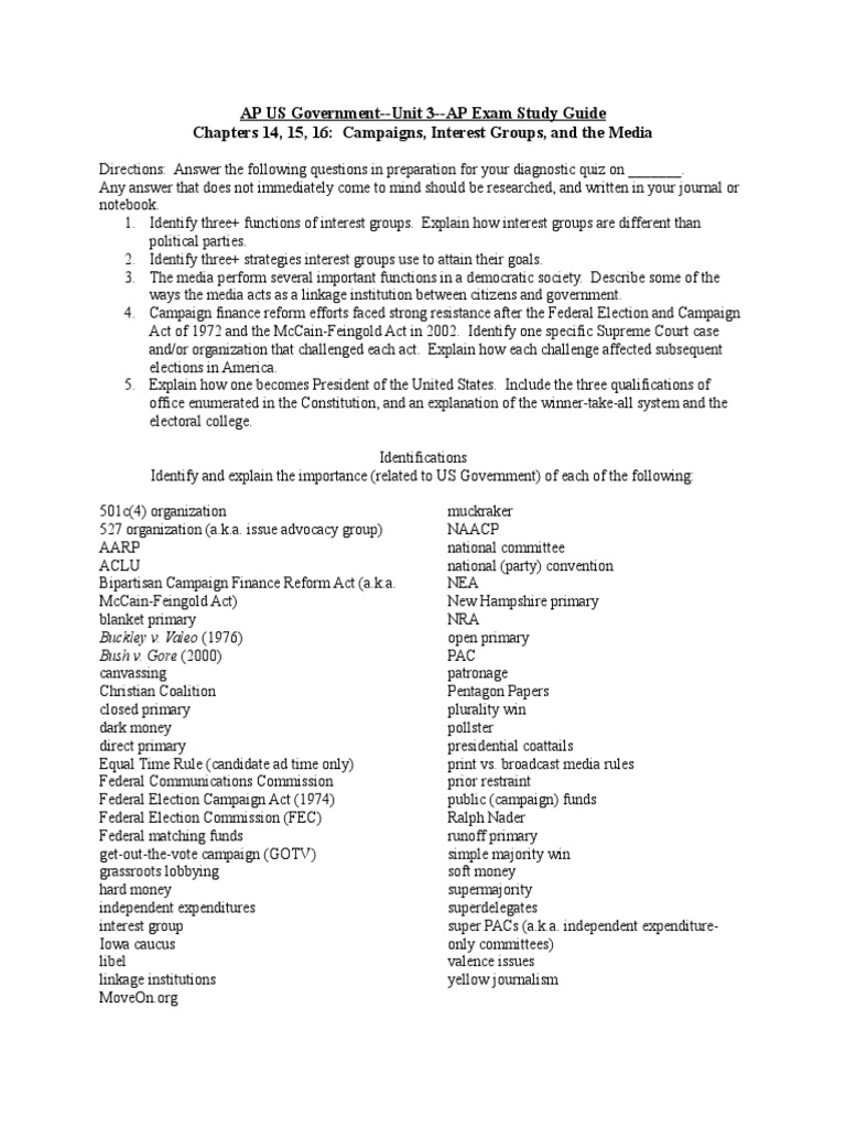 AP Gov Unit 3 Study Guide: Campaigns & Media | PDF