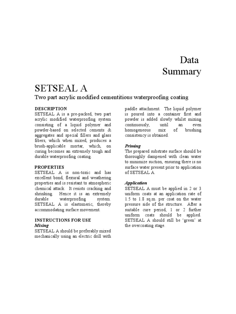 Setseal A | PDF | Concrete | Industrial Processes