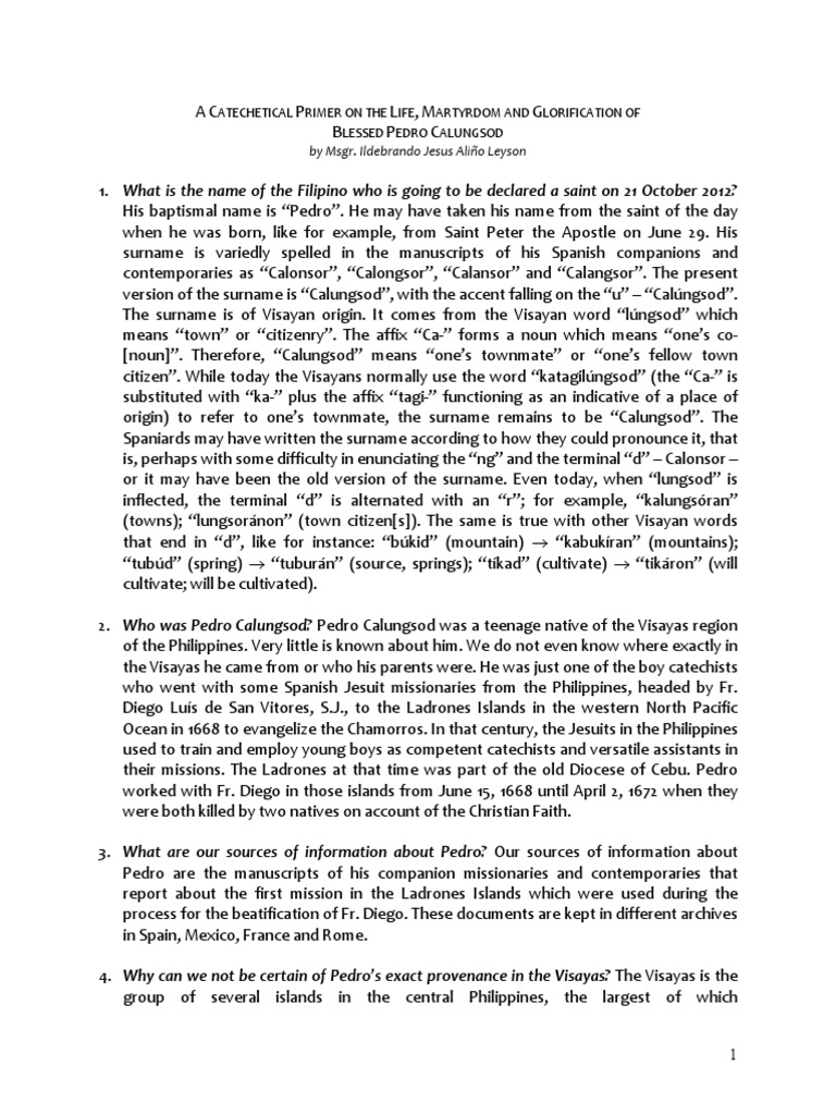 Catechetical Primer On Blessed Pedro Calungsod | PDF | Coma | Martyr