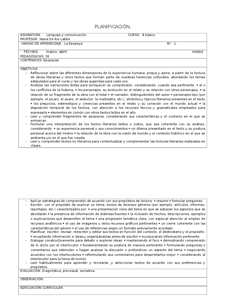 PLANIFICACIÓN Octavo Basico | PDF