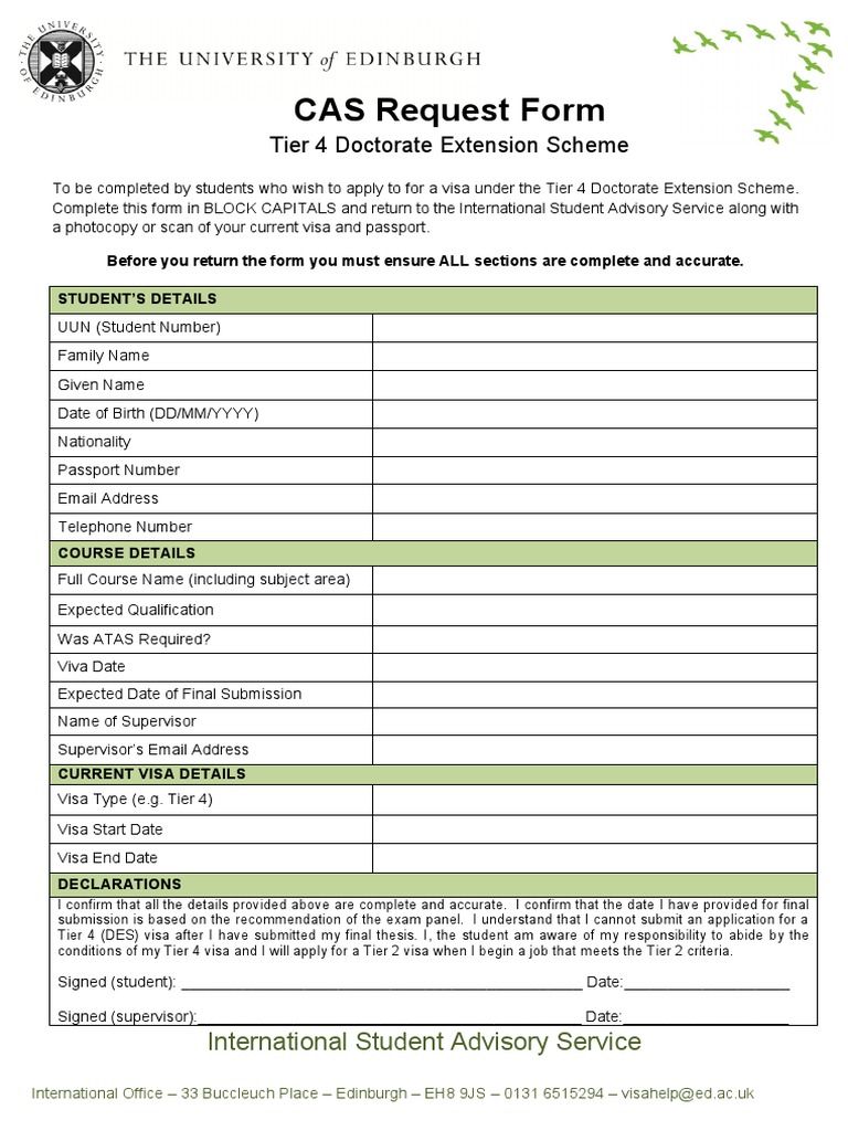 CAS Request Form: Tier 4 Doctorate Extension Scheme | Doctor Of ...