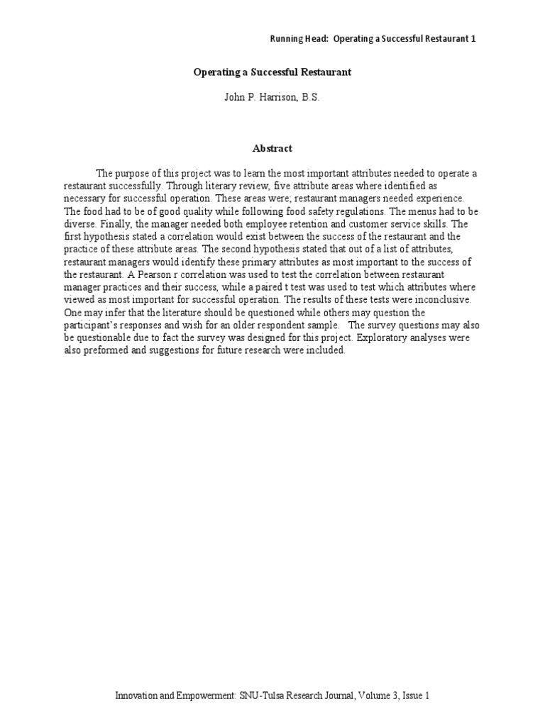 Operating A Succesful Restaurant | PDF | Survey Methodology ...