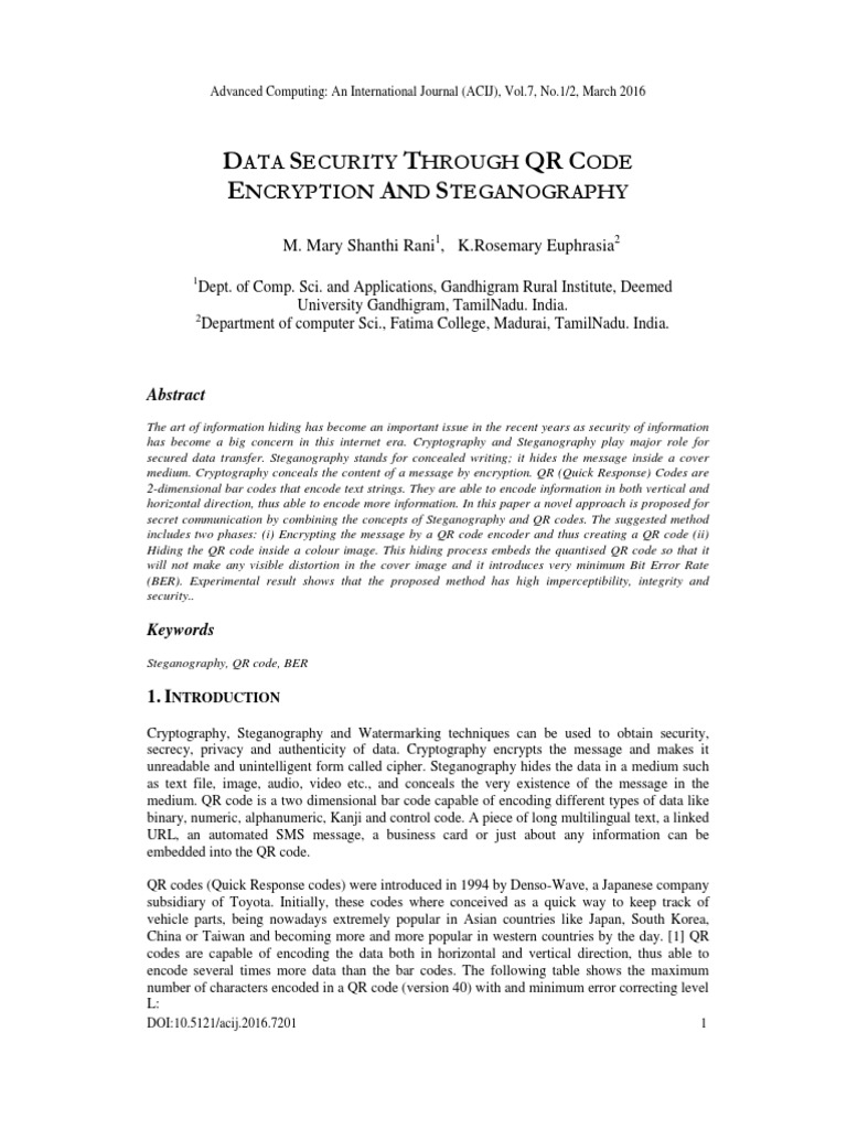 Data Security Through QR Code Encryption and Steganography | PDF | Qr Code | Cryptography