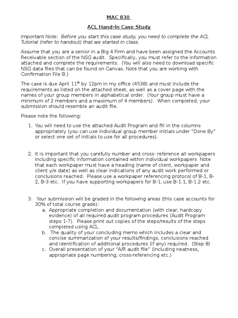MAC 830 ACL Case Overview & Requirements | PDF | Audit | Risk