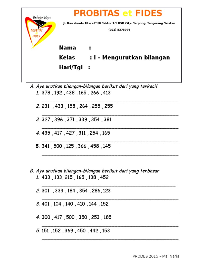 Matematika Kelas 1 - Mengurutkan Bilangan | PDF