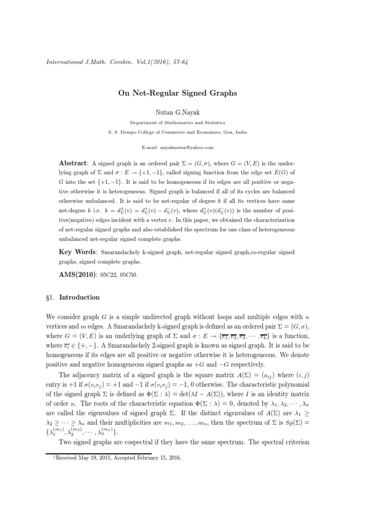 On Net Regular Signed Graphs | PDF | Algebra | Applied Mathematics