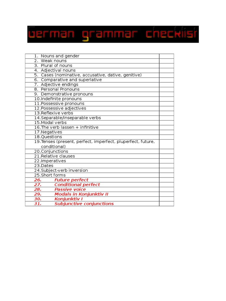 German Grammar Checklist | PDF