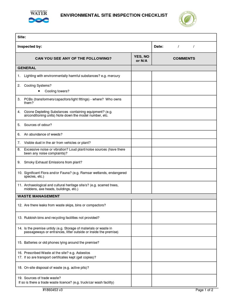 Environmental Site Inspection Checklist | PDF | Storm Drain | Stormwater