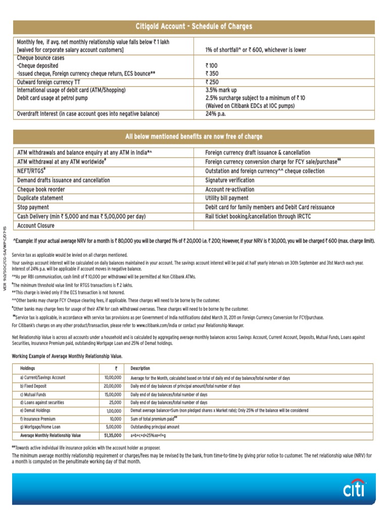 Citigold Account - Schedule of Charges: All Below Mentioned Benefits ...