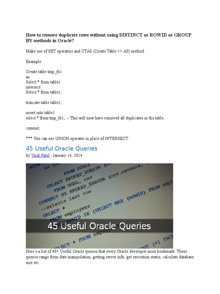 How To Remove Duplicate Rows Without Using Distinct Or Rowid Or Group 8545