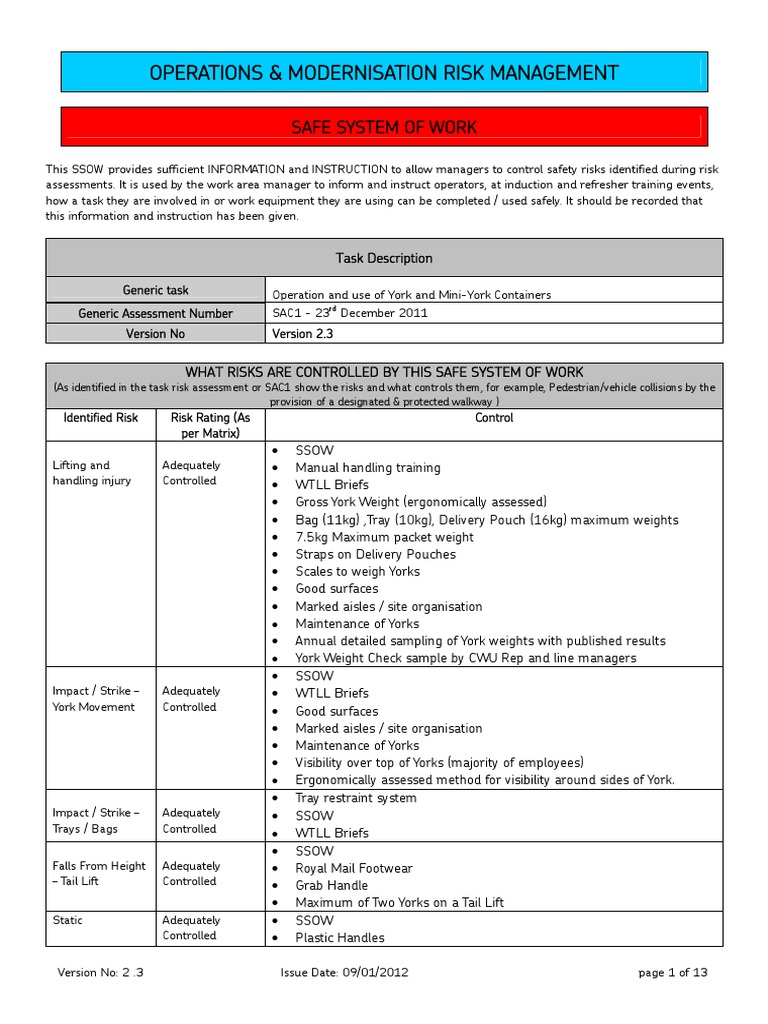 Sample Safe System of Work | PDF | Mail | Occupational Safety And Health