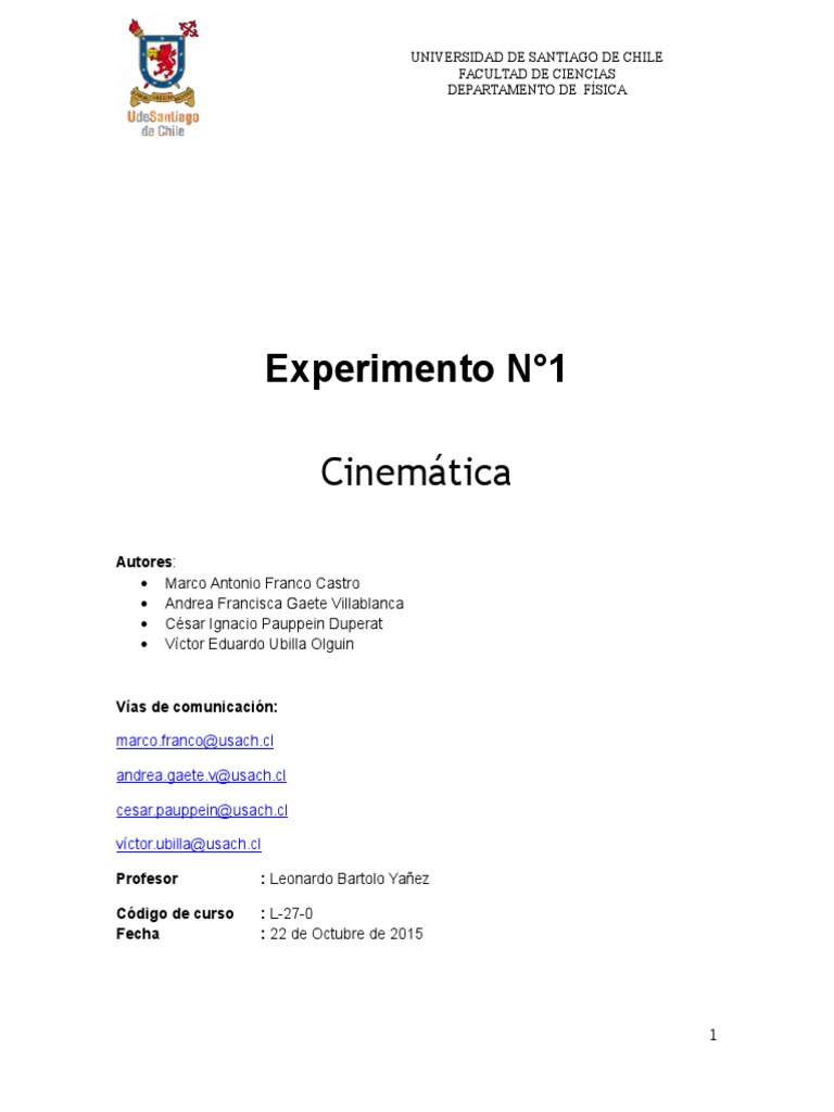 Informe 1 Laboratorio Fisica 2 Usach Cinemática Movimiento Física