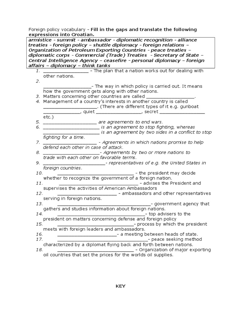 Foreign Policy Vocabulary Guide | PDF | Ambassador | Diplomacy