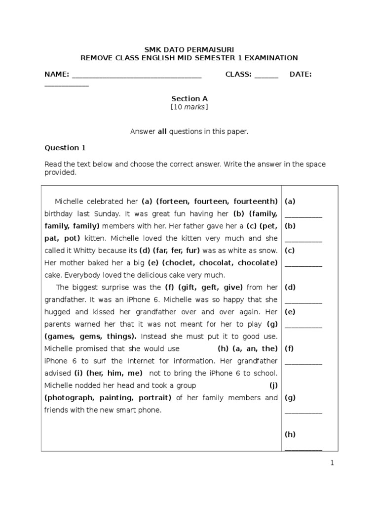 English Mid Semester Exam Paper | PDF | Games & Activities