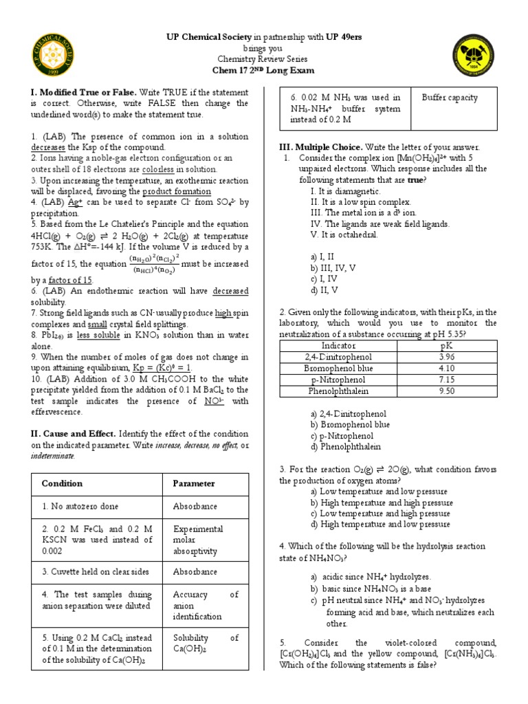 Analysis of a Chemistry Review Document and Key for a Second Semester ...