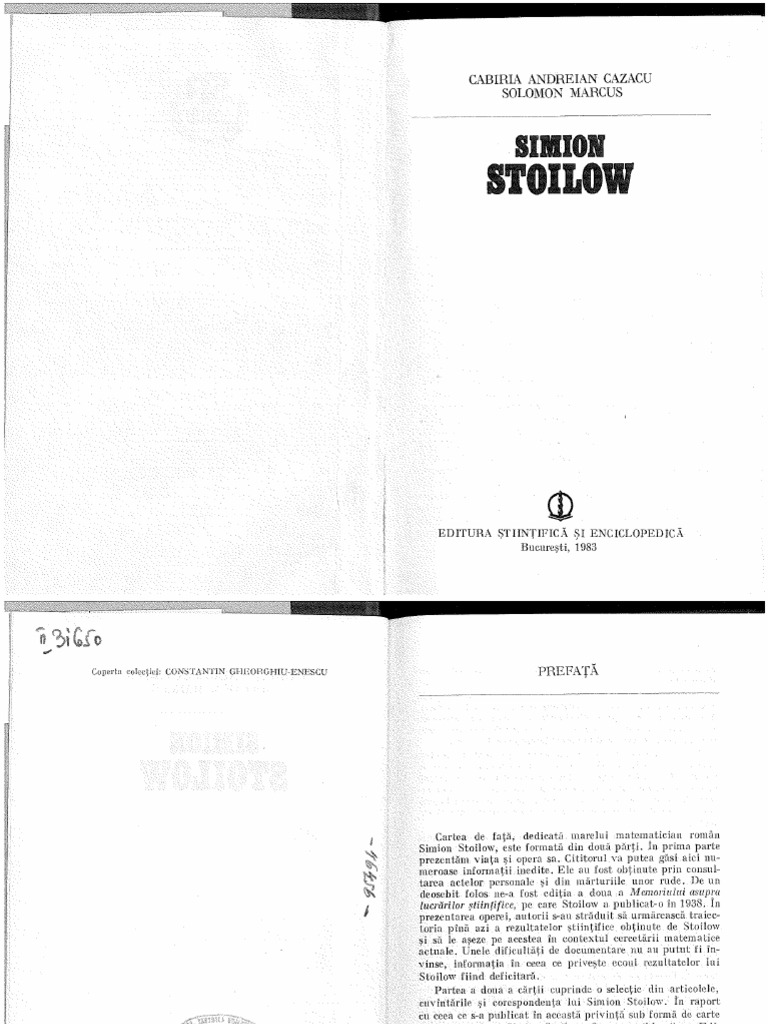 C.A. Cazacu, S. Marcus, Mari Savanti: Simion Stoilow, 1983 | PDF