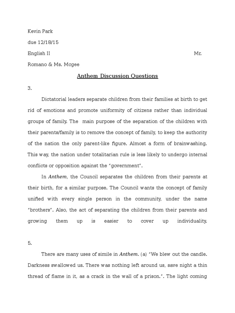 Anthem Discussion Questions | PDF