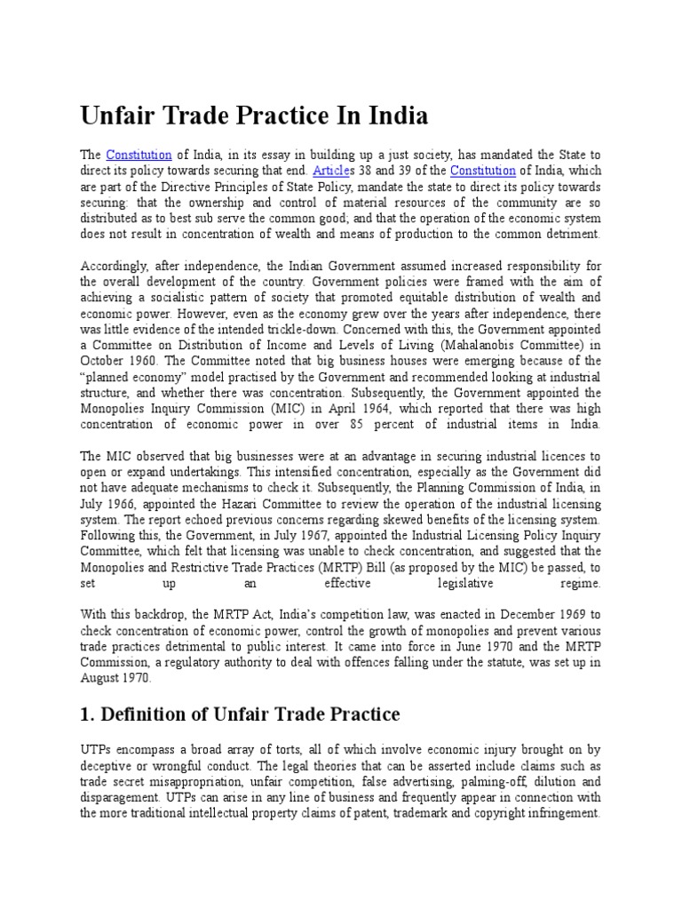 Unfair Trade Practice in India | PDF | Federal Trade Commission ...
