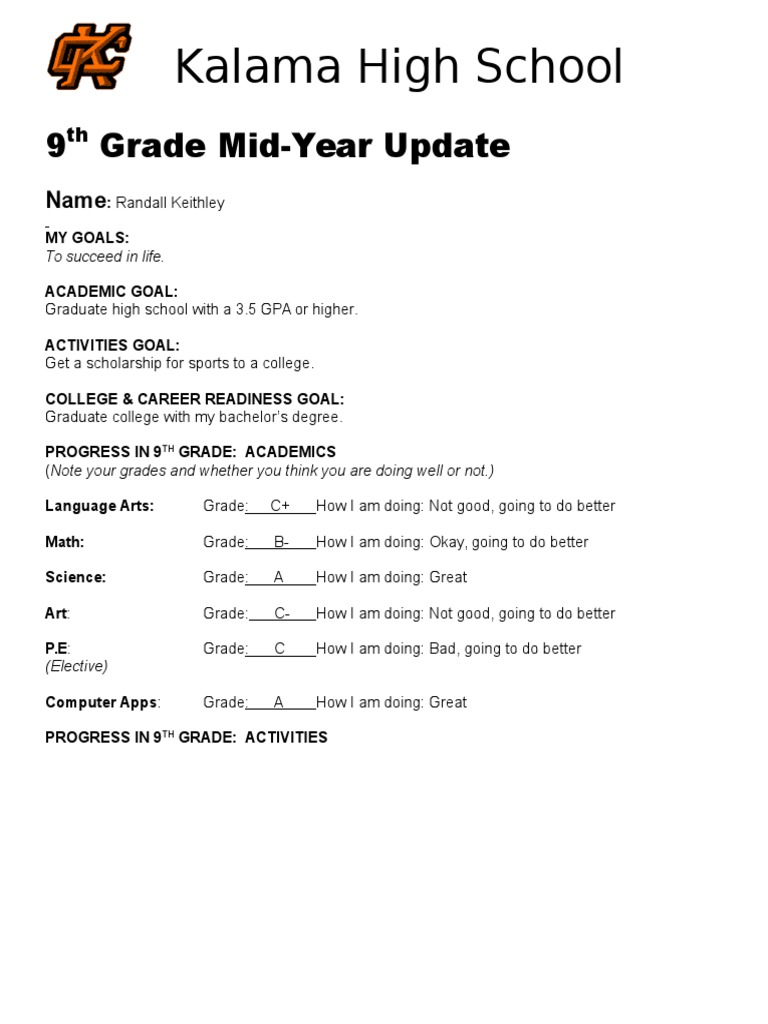 9th Grade Goals & Progress Update | PDF