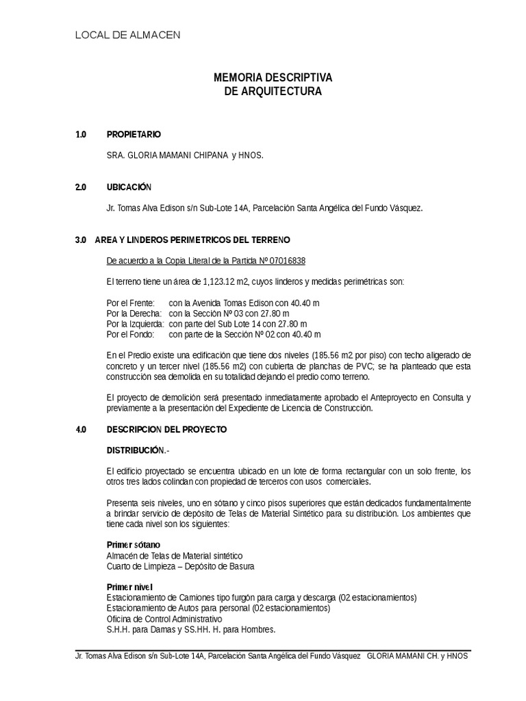 Memoria Descriptiva Arquitectura Mamani | PDF | Ascensor | Almacén