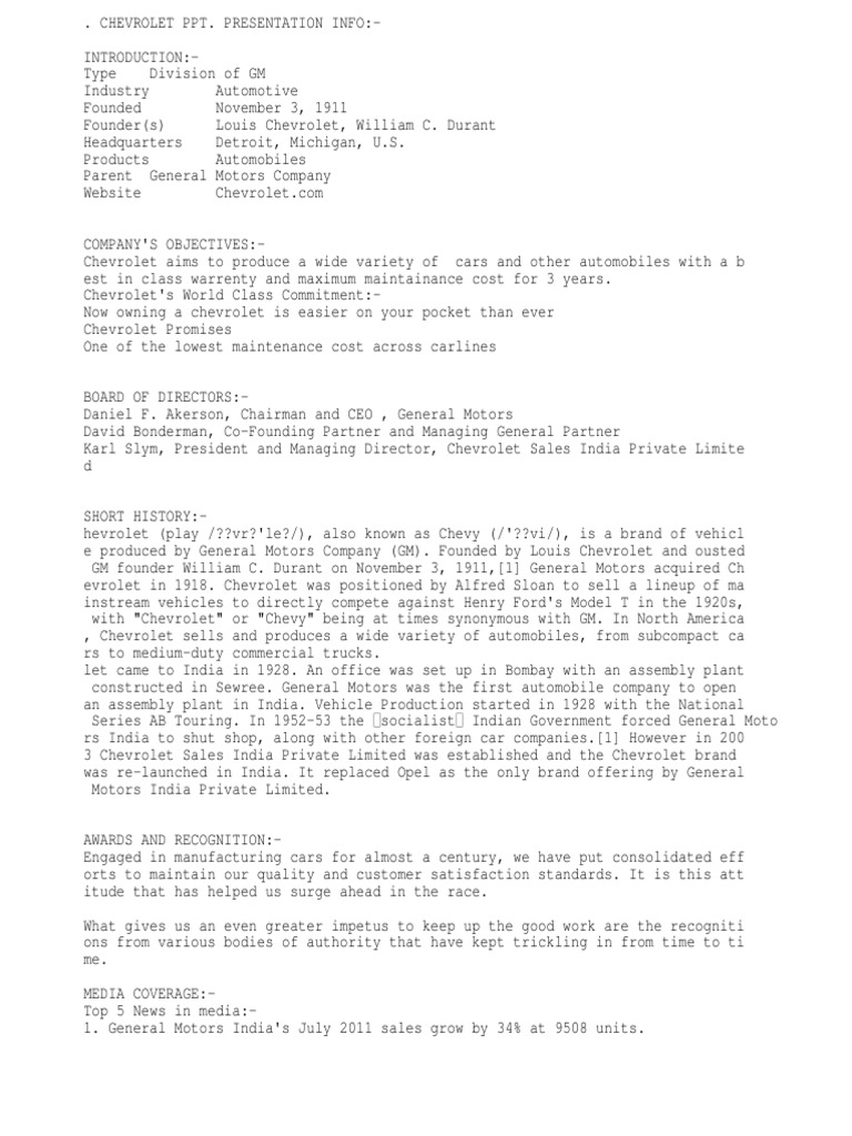 Chevrolet Notes | PDF | Chevrolet | Industries