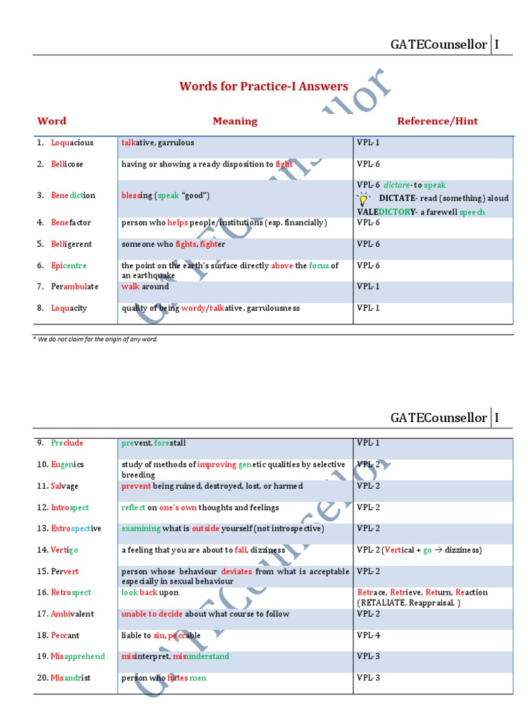 GATE Vocabulary Practice Answers | PDF | Language Arts & Discipline