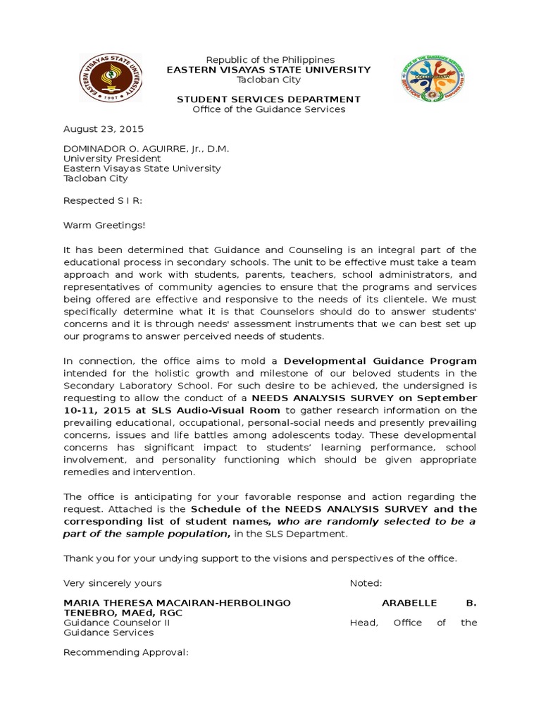 SLS Needs Assessment Letter | PDF | School Counselor | Behavioural Sciences