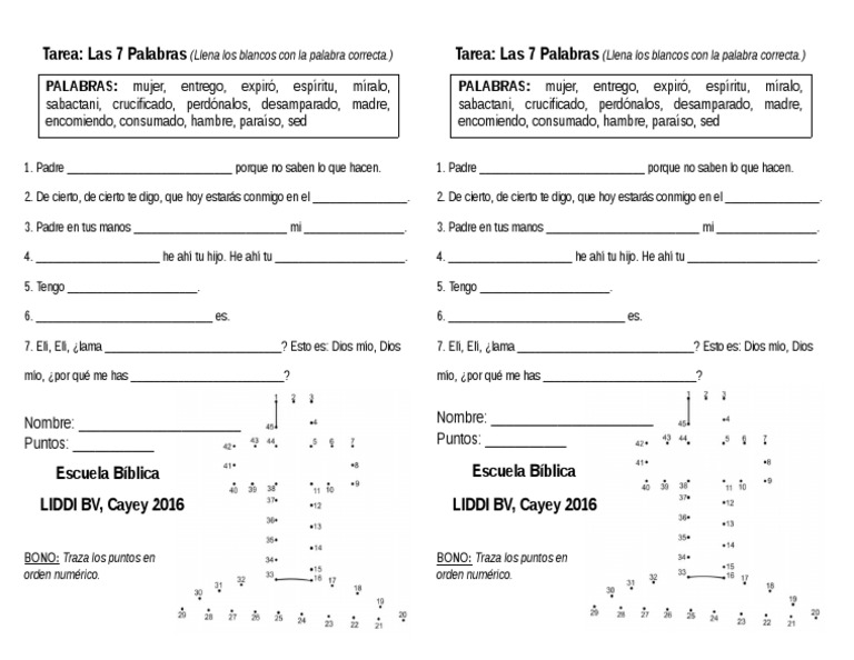 Las 7 Palabras de Jesús: Actividad Escolar | PDF
