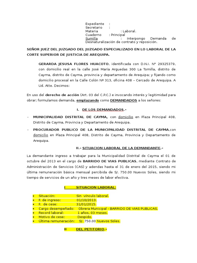 Modelo de Demanda de Desnaturalización de Contrato | PDF | Derecho laboral | Información del ...