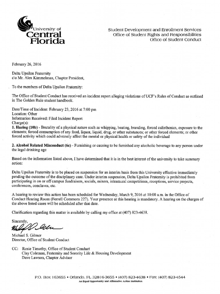 Interim Suspension Letter, Delta Upsilon, February 2016 | PDF