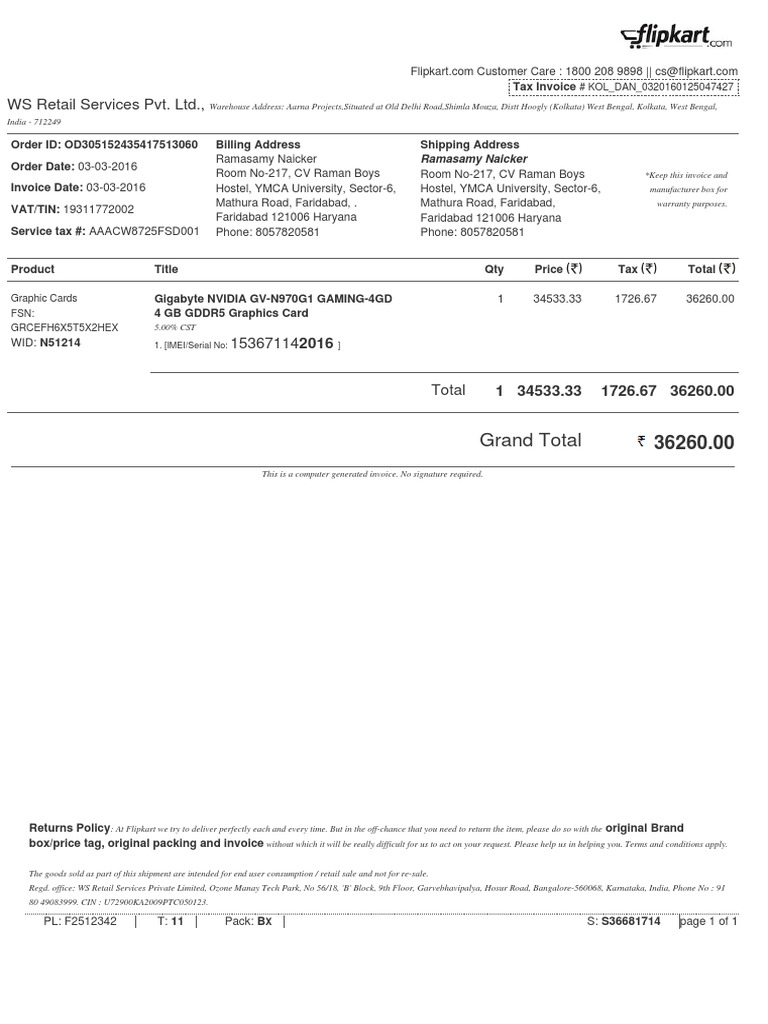 WS Retail Services Pvt. LTD.,: Grand Total | PDF