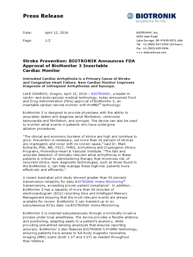 Biotronik BioMonitor 2 Insertable Cardiac Monitor | PDF | Cardiac ...