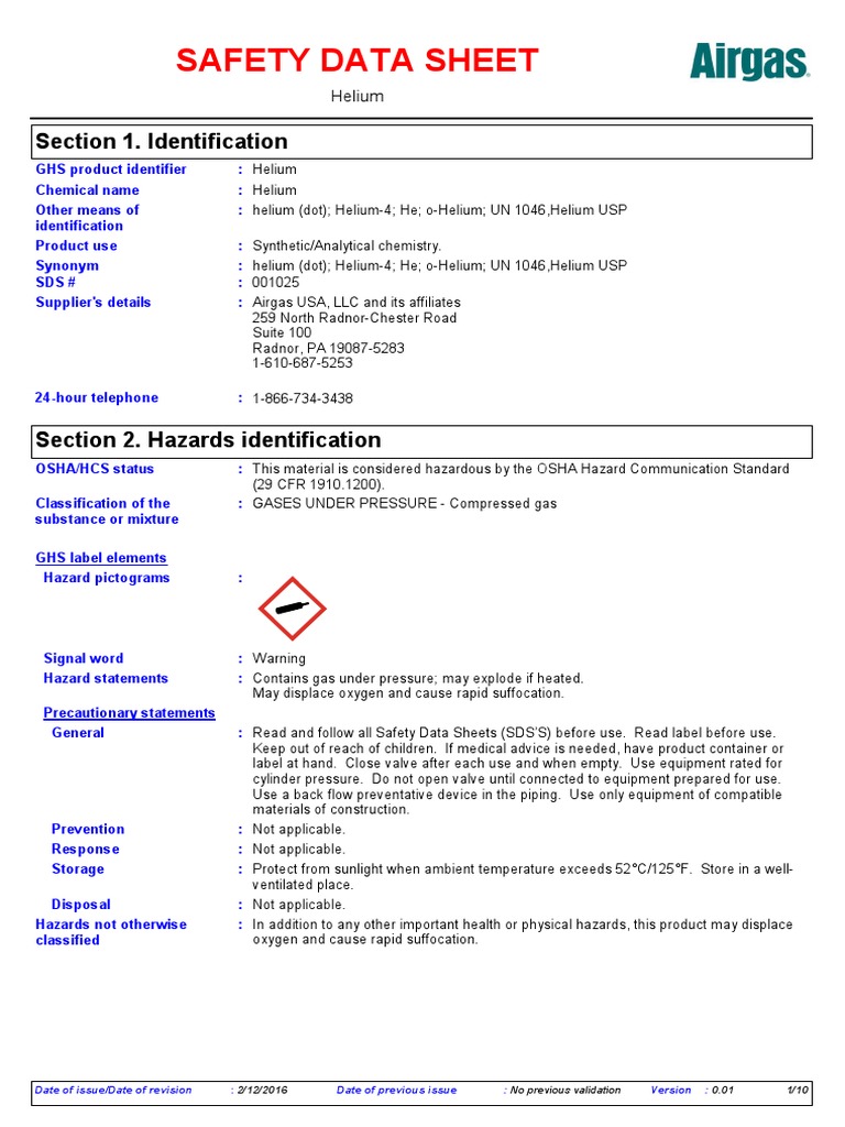 Helium MSDS | Dangerous Goods | Helium