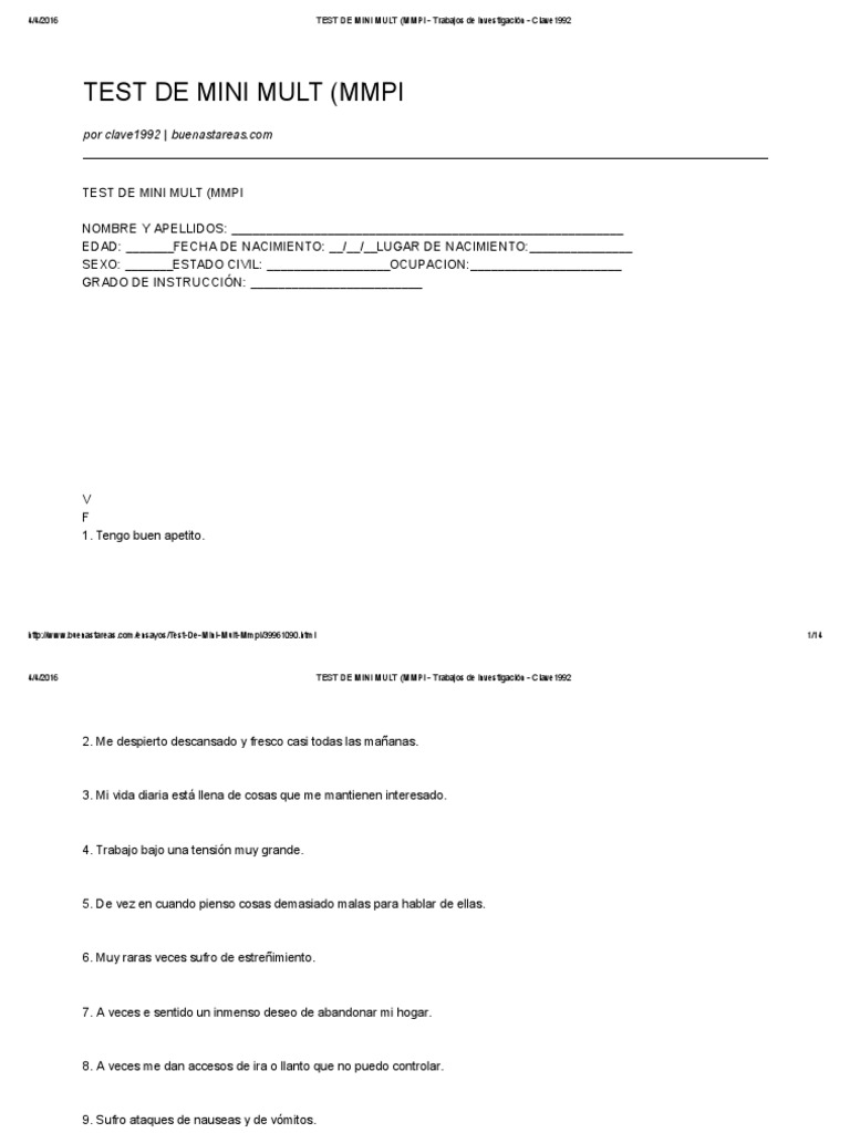 TEST de MINI MULT ( | Enfermedades y trastornos psiquiátricos | Salud ...