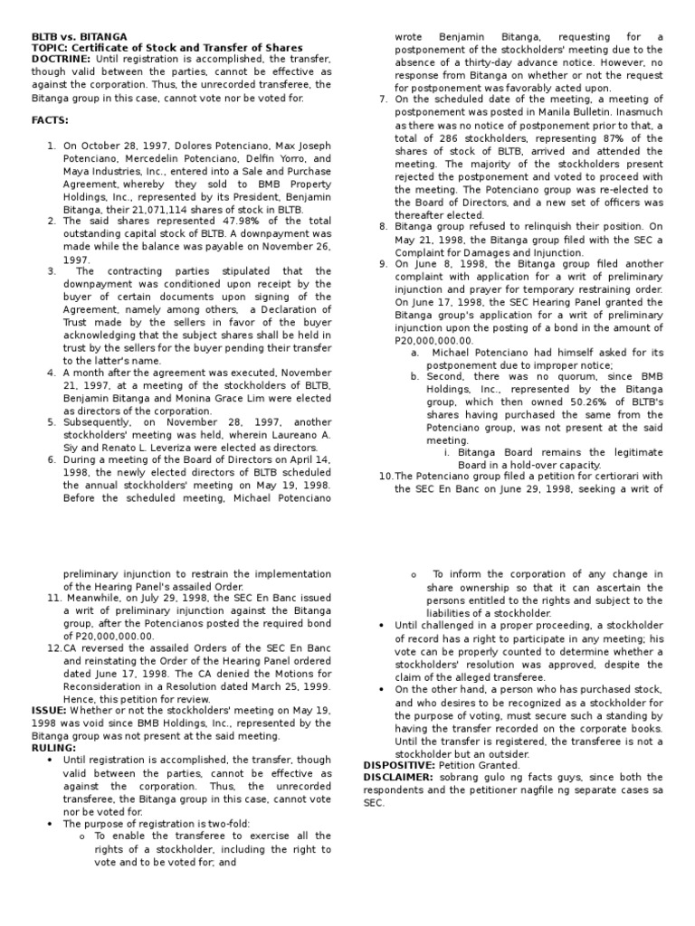 BLTB Vs Bitanga | PDF | Stocks | Injunction