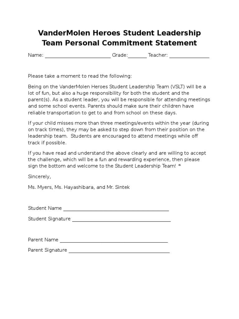 Student Leadership Commitment Form | PDF | Self-Improvement | Wellness