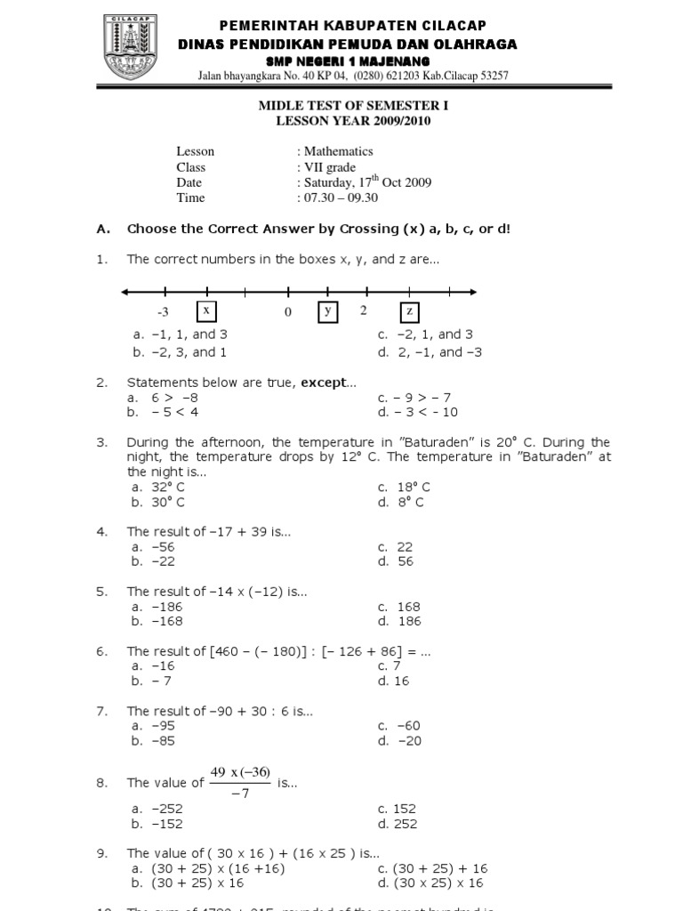 Mathematics Test Grade 7 SMP | PDF | Elementary Mathematics | Discrete ...