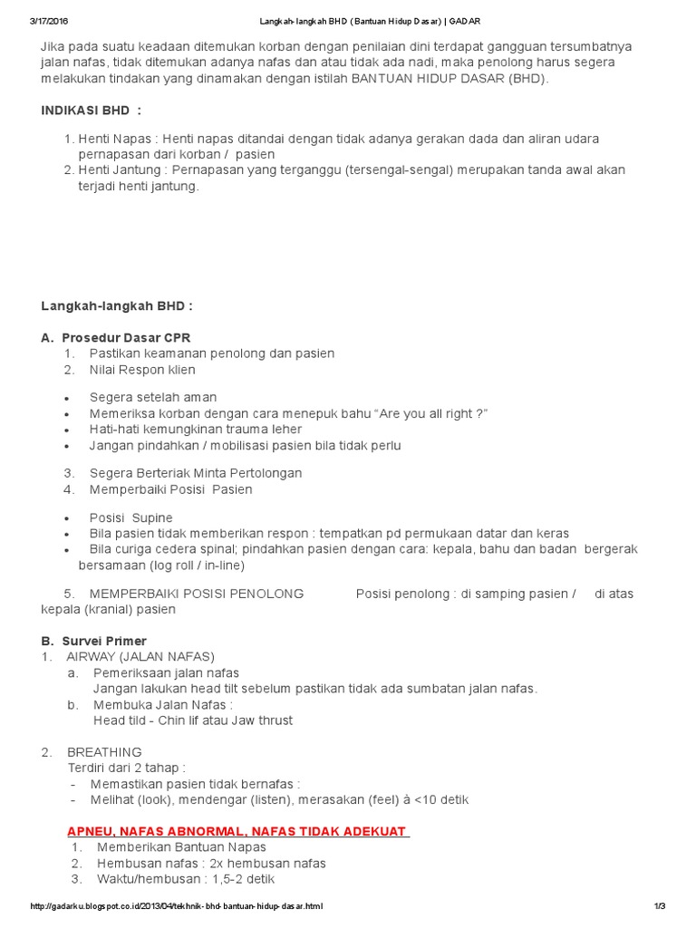 Langkah-Langkah BHD (Bantuan Hidup Dasar) - GADAR | PDF
