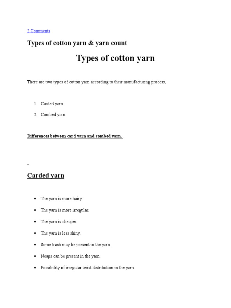 Types and Counts of Cotton Yarn | PDF | Yarn | Clothing Industry