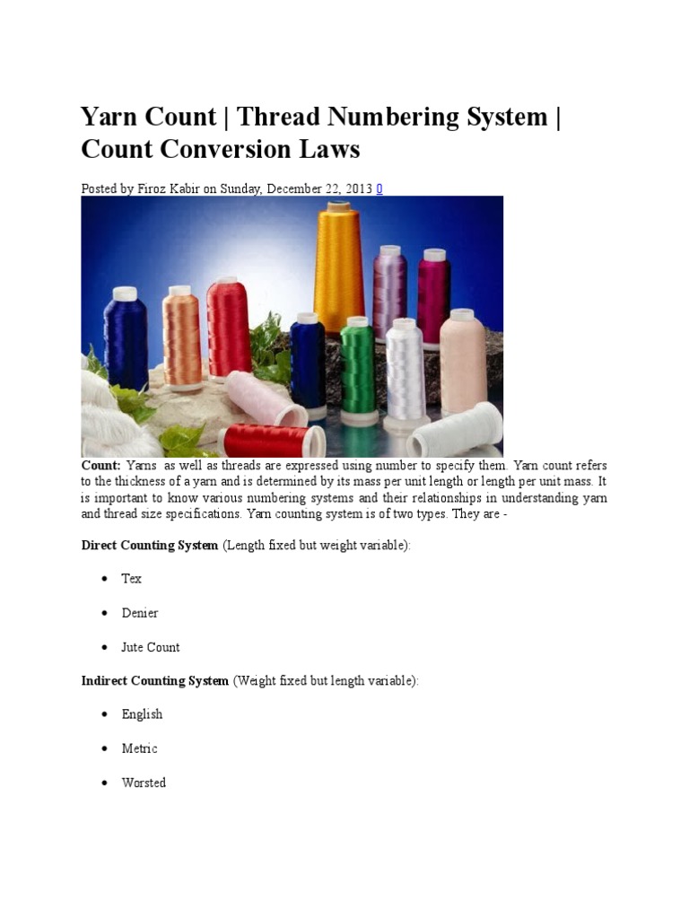 Yarn Count Thread Numbering System Count Conversion Laws | PDF