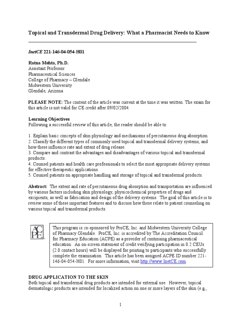 Topical and Transdermal Drug Delivery What A Pharmacist Needs To Know ...