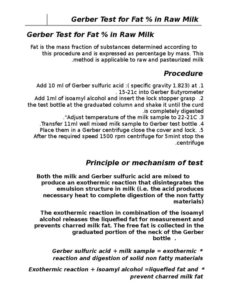 Gerber Test For Fat % in Raw Milk Gerber Test For Fat % in Raw Milk ...